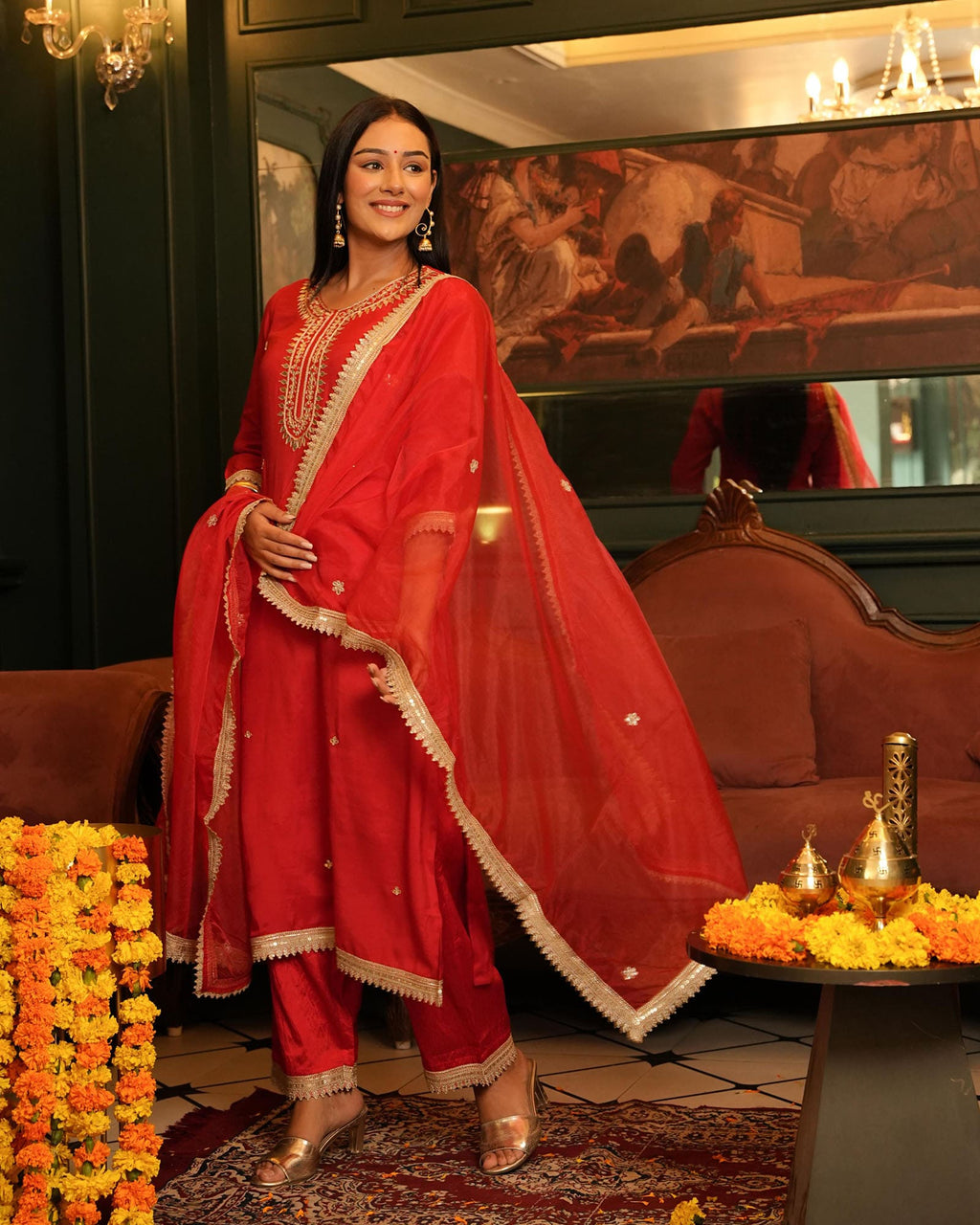 RED MUSLIN SUIT SET WITH HEAVY GOTTA WORK – Gulabi Dori