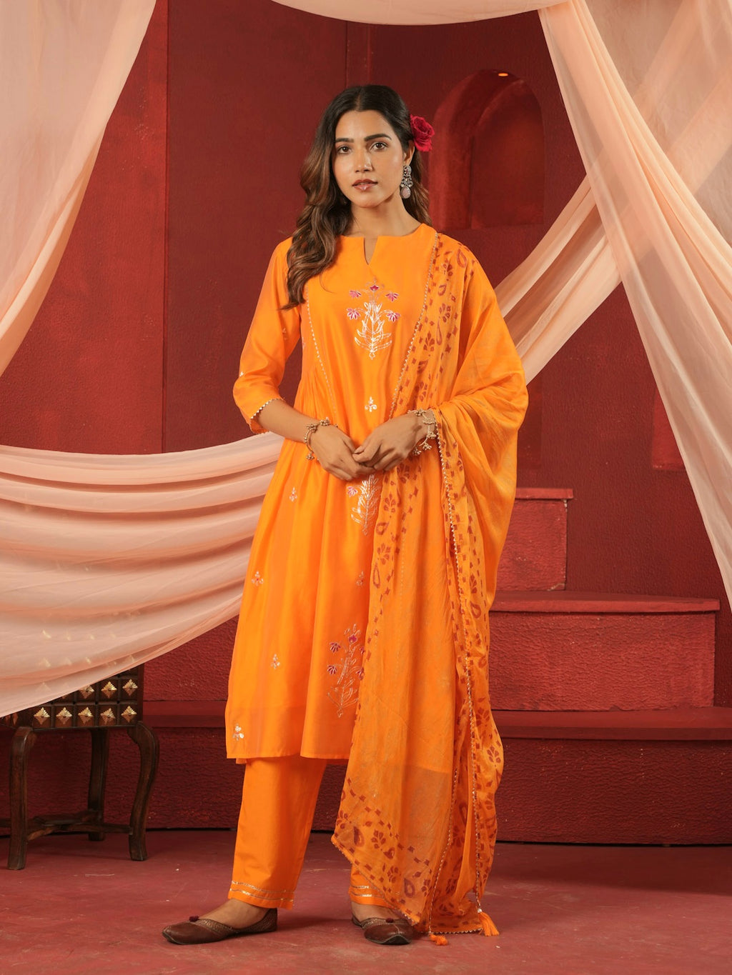 ORANGE CHANDERI SUIT SET WITH PITTAN WORK – Gulabi Dori