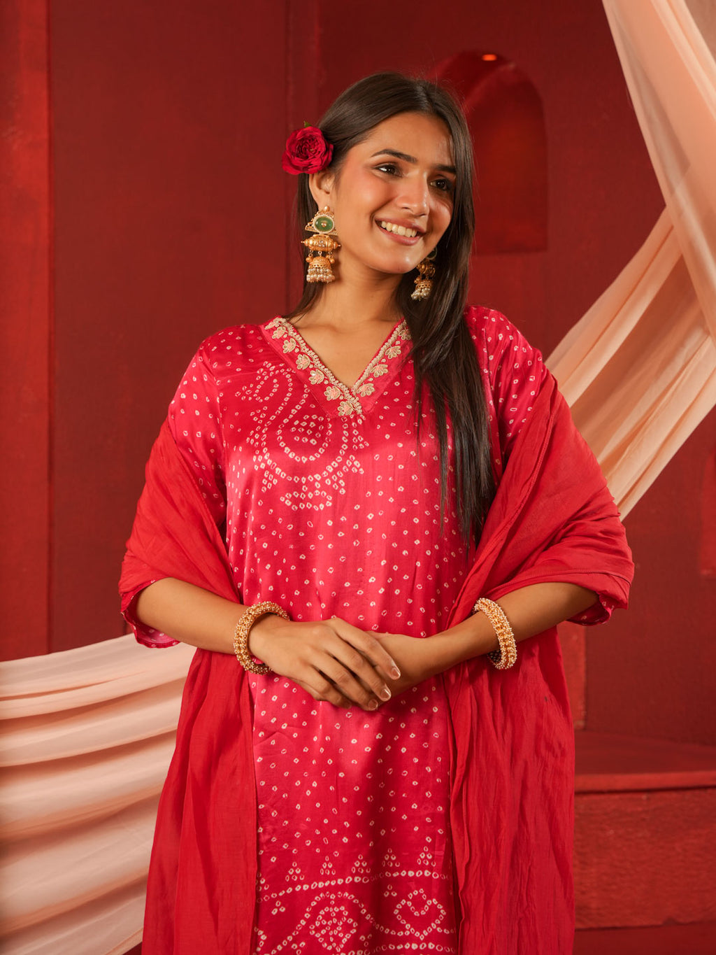 RED BANDHEJ PRINT SUIT SET WITH ORGANZA DUPATTA – Gulabi Dori